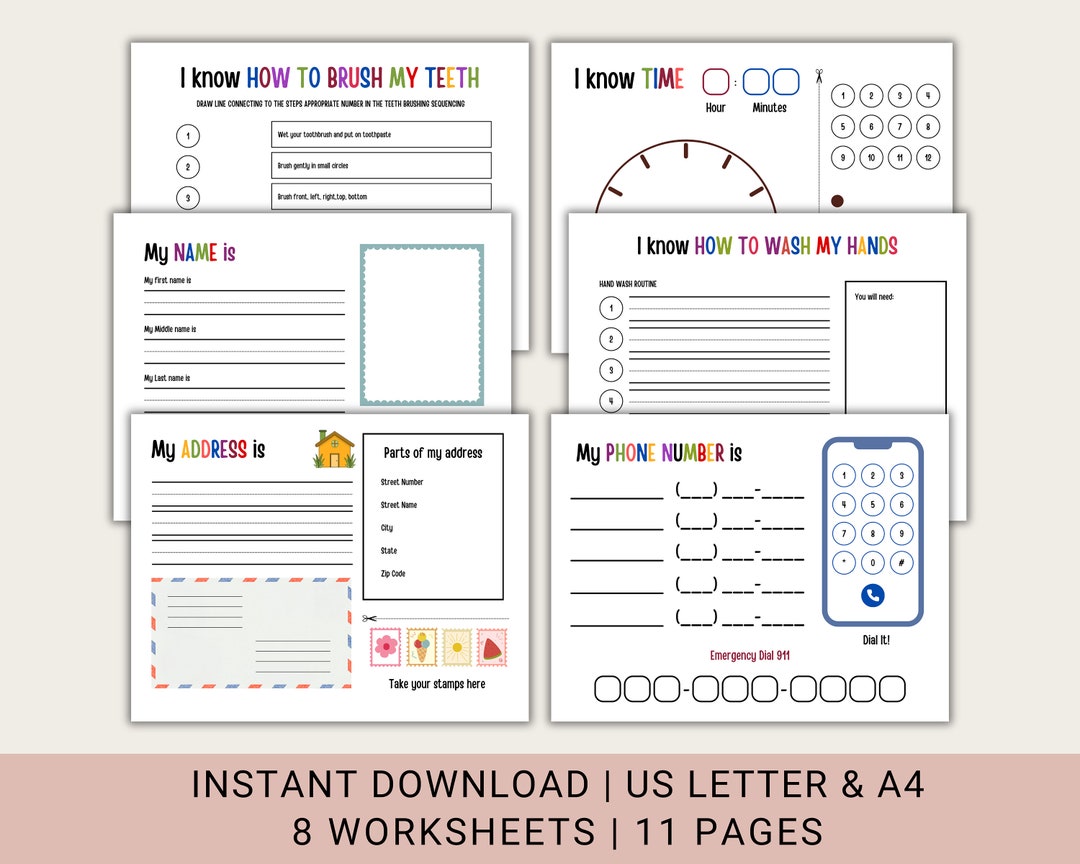 Life Skills for Kids Worksheets Printable Bundle, Phone Number ...