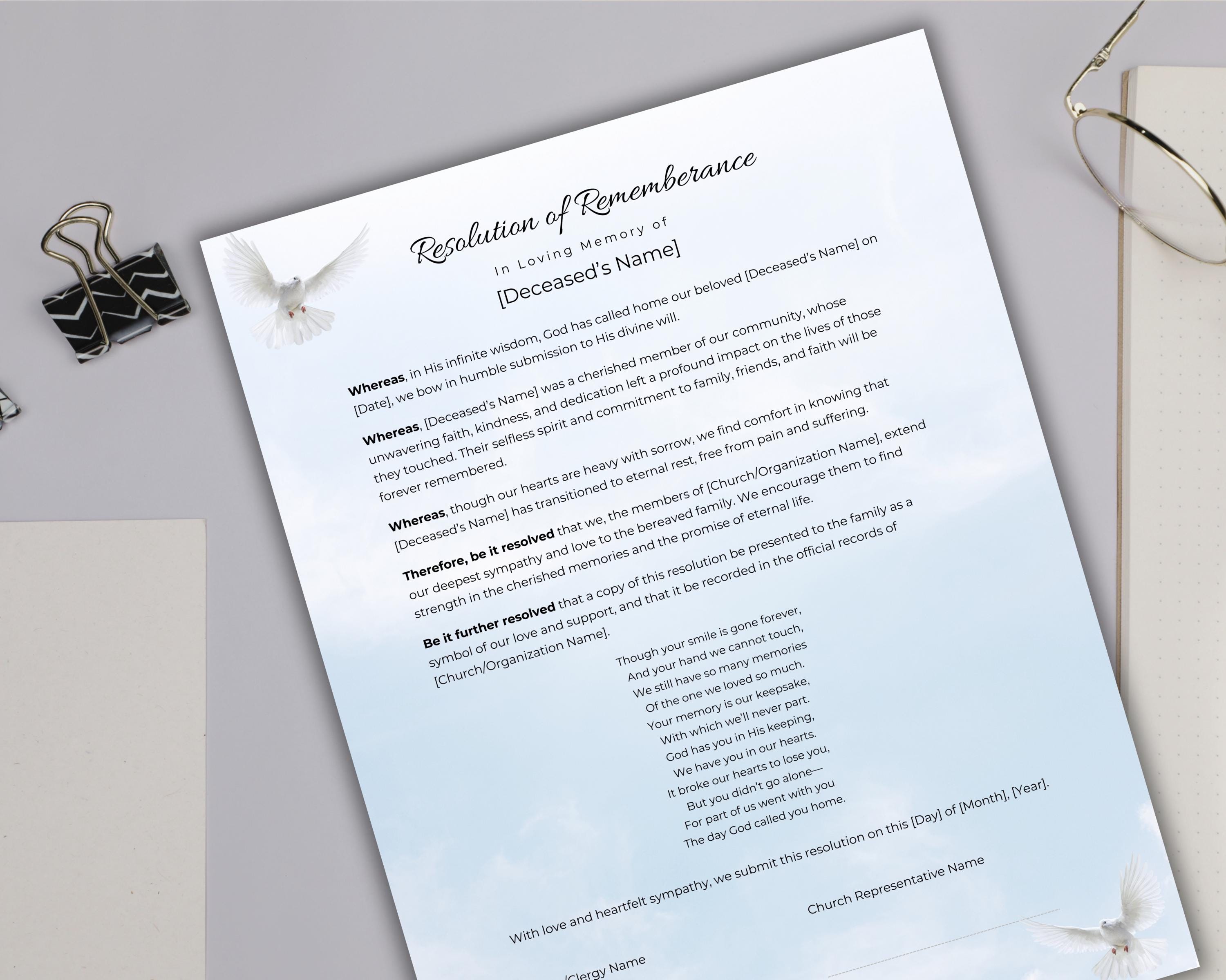 Funeral Resolution Letter, Editable Canva Template, Funeral Poem ...