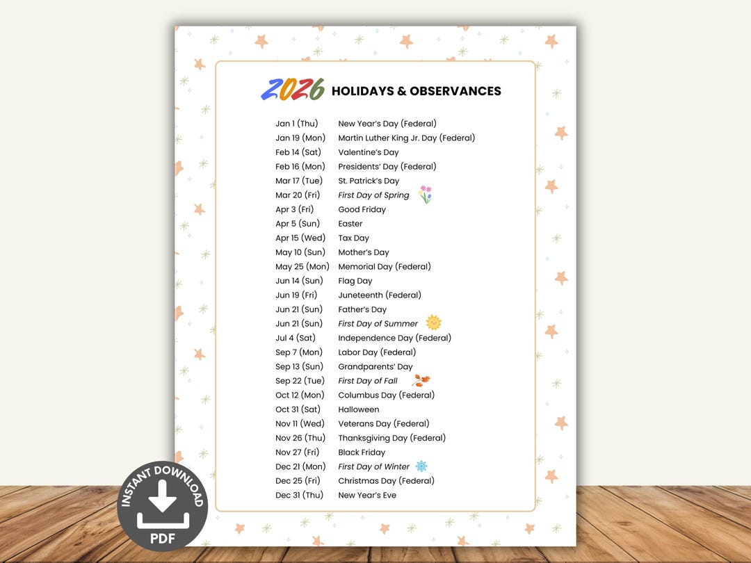 2026 Holidays List Printable, One Page Calendar, Yearly Overview ...