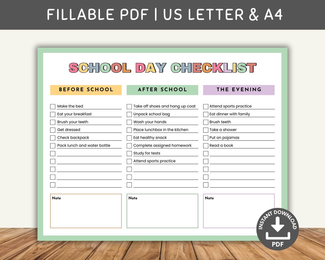 School Day Checklist Fillable PDF, Kids Daily Routine, Responsibility ...