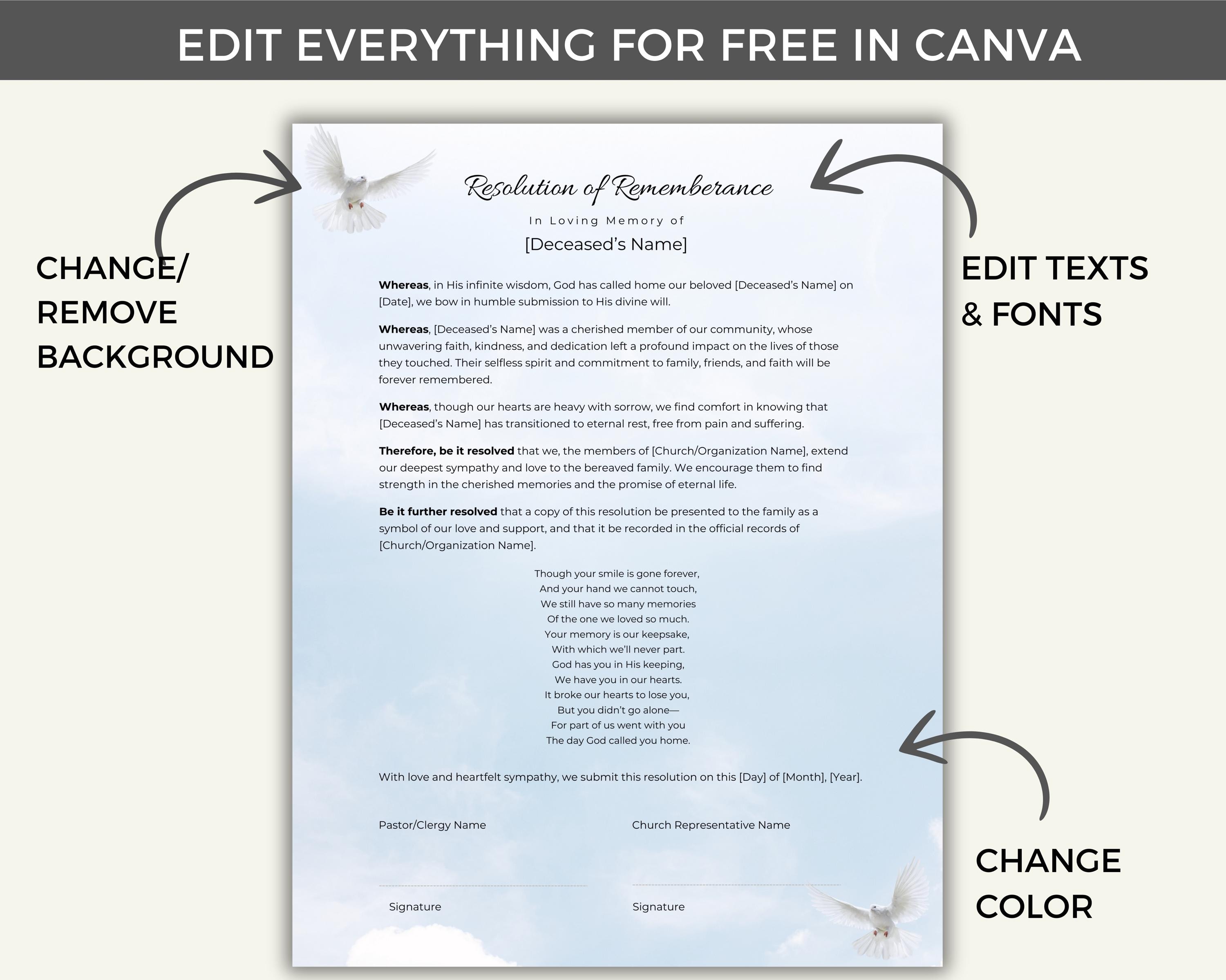 Funeral Resolution Letter, Editable Canva Template, Funeral Poem ...