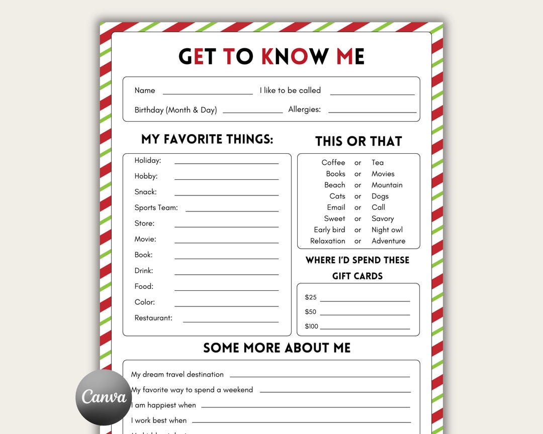 Team Building Get to Know Me Questionnaire, Staff Favorite Things List ...