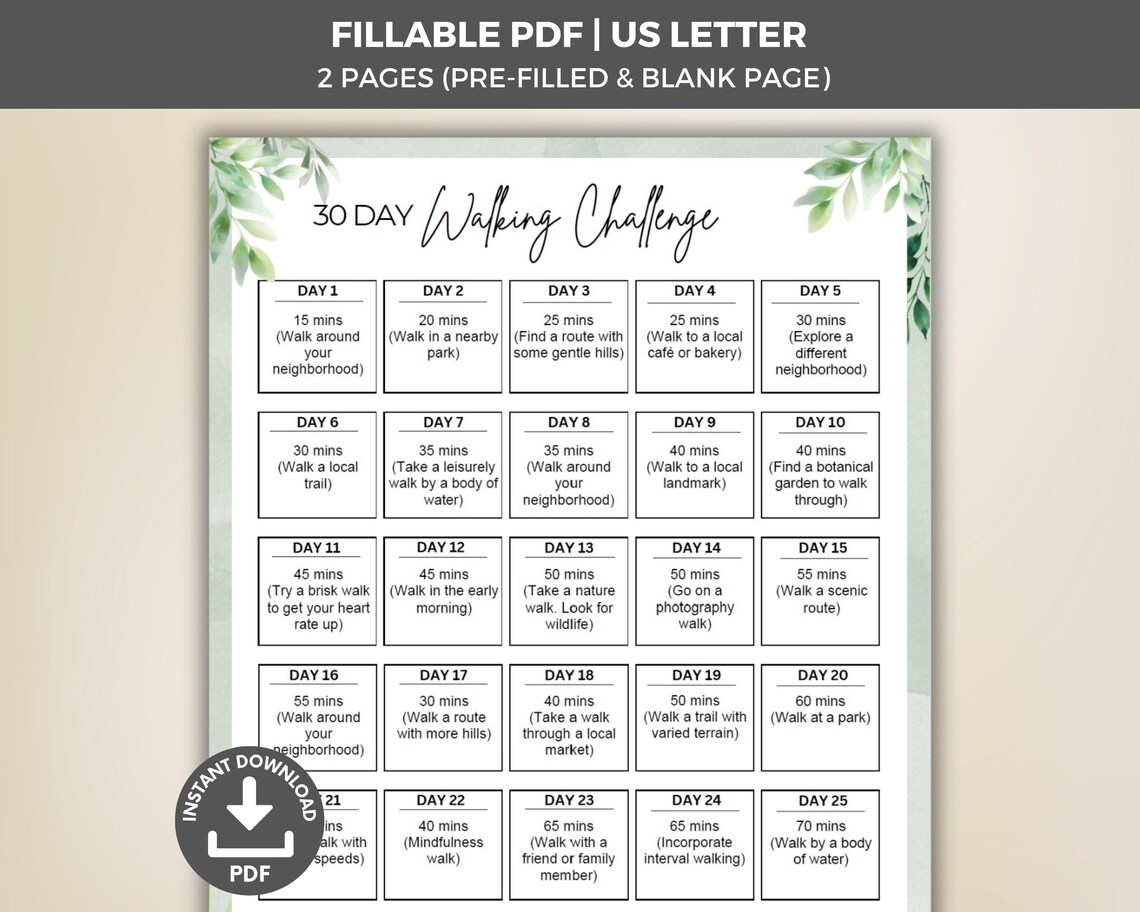 30-day Walking Challenge Editable PDF, Printable Walking Planner ...