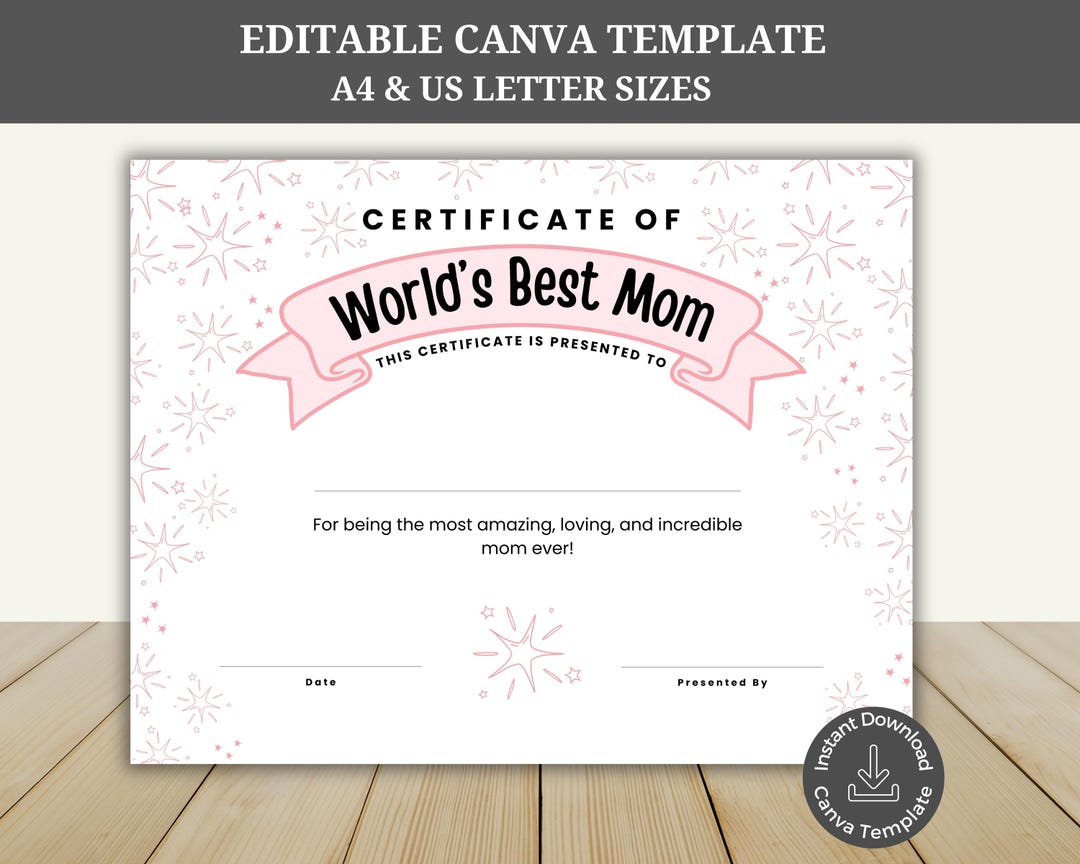 World's Best Mom Certificate Template, Printable Mom Award, Mother's ...
