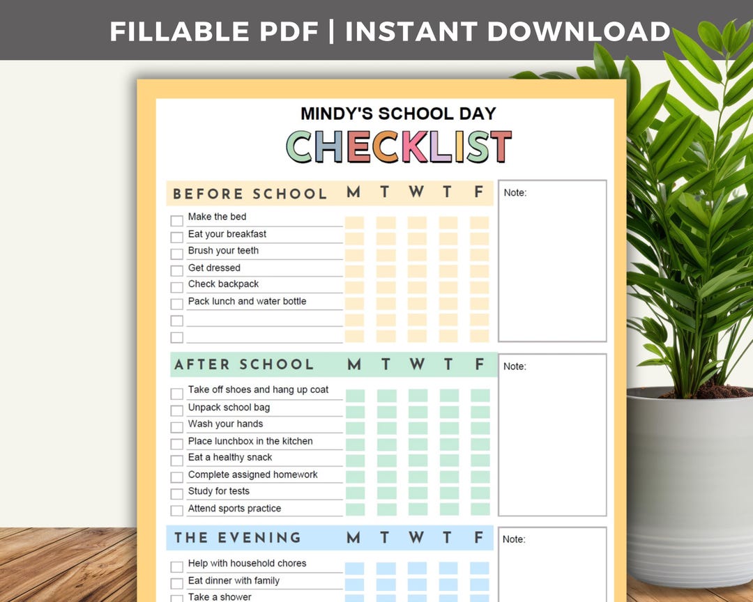 School Day Checklist Printable Fillable PDF, Kids Daily Routine Chart ...