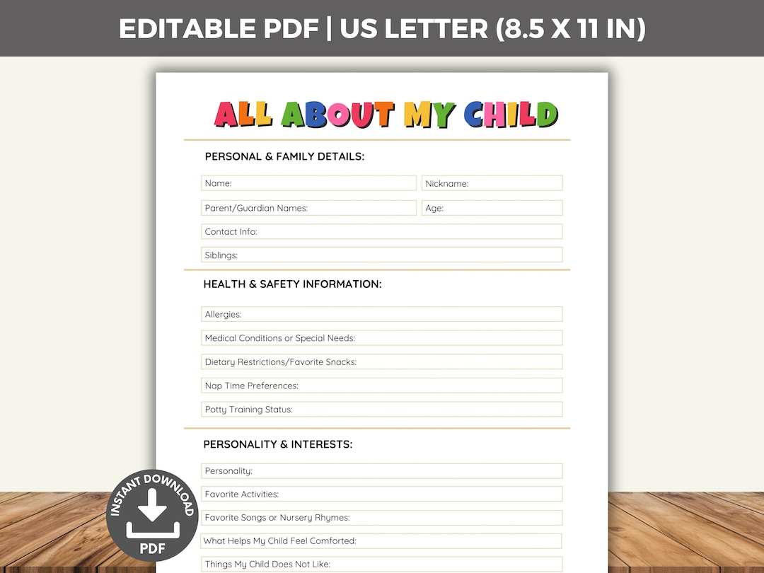 All About My Child Daycare Sheet, Printable Childcare Form, Child Info ...
