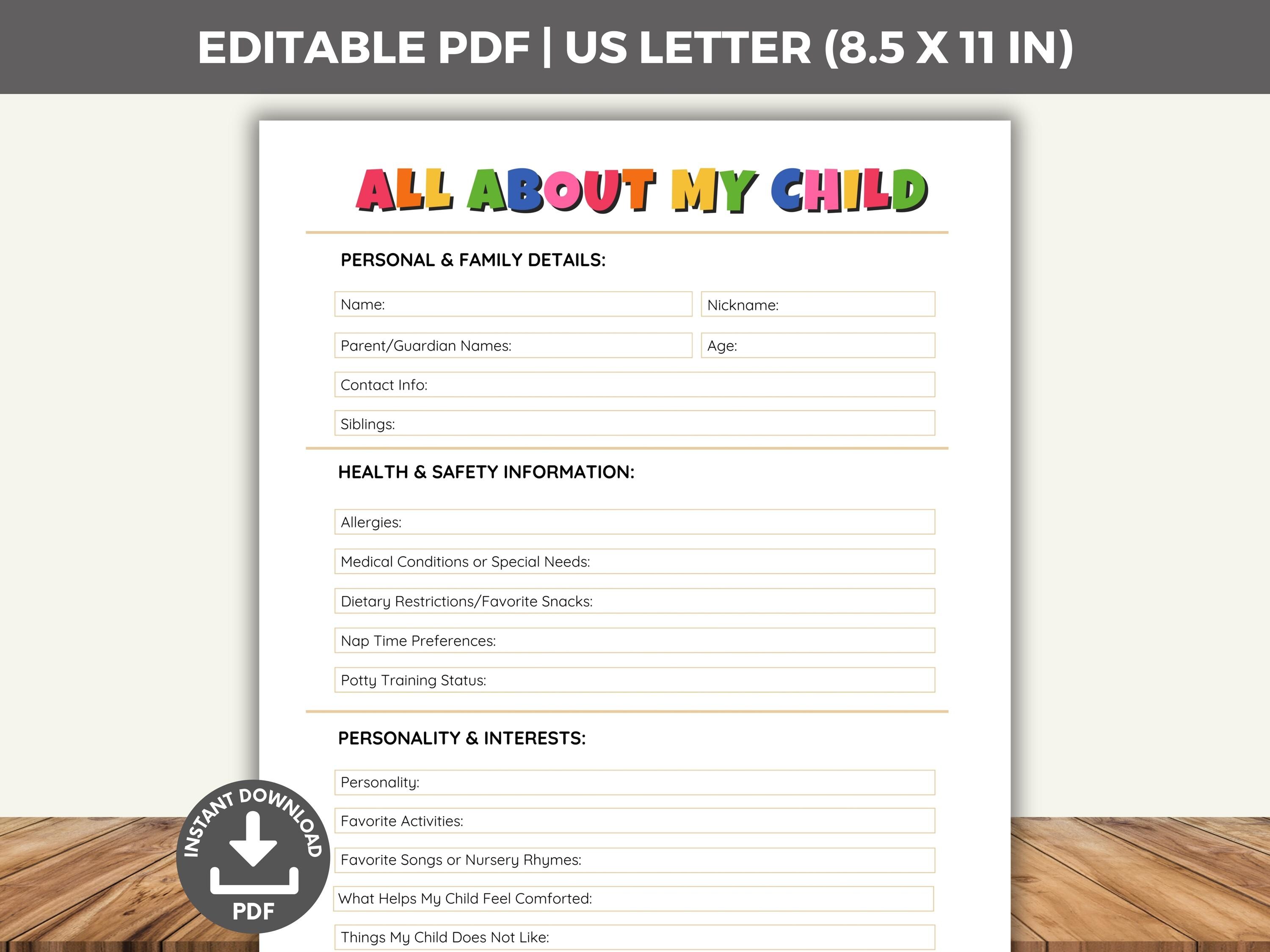 All About My Child Daycare Sheet, Printable Childcare Form, Child Info ...