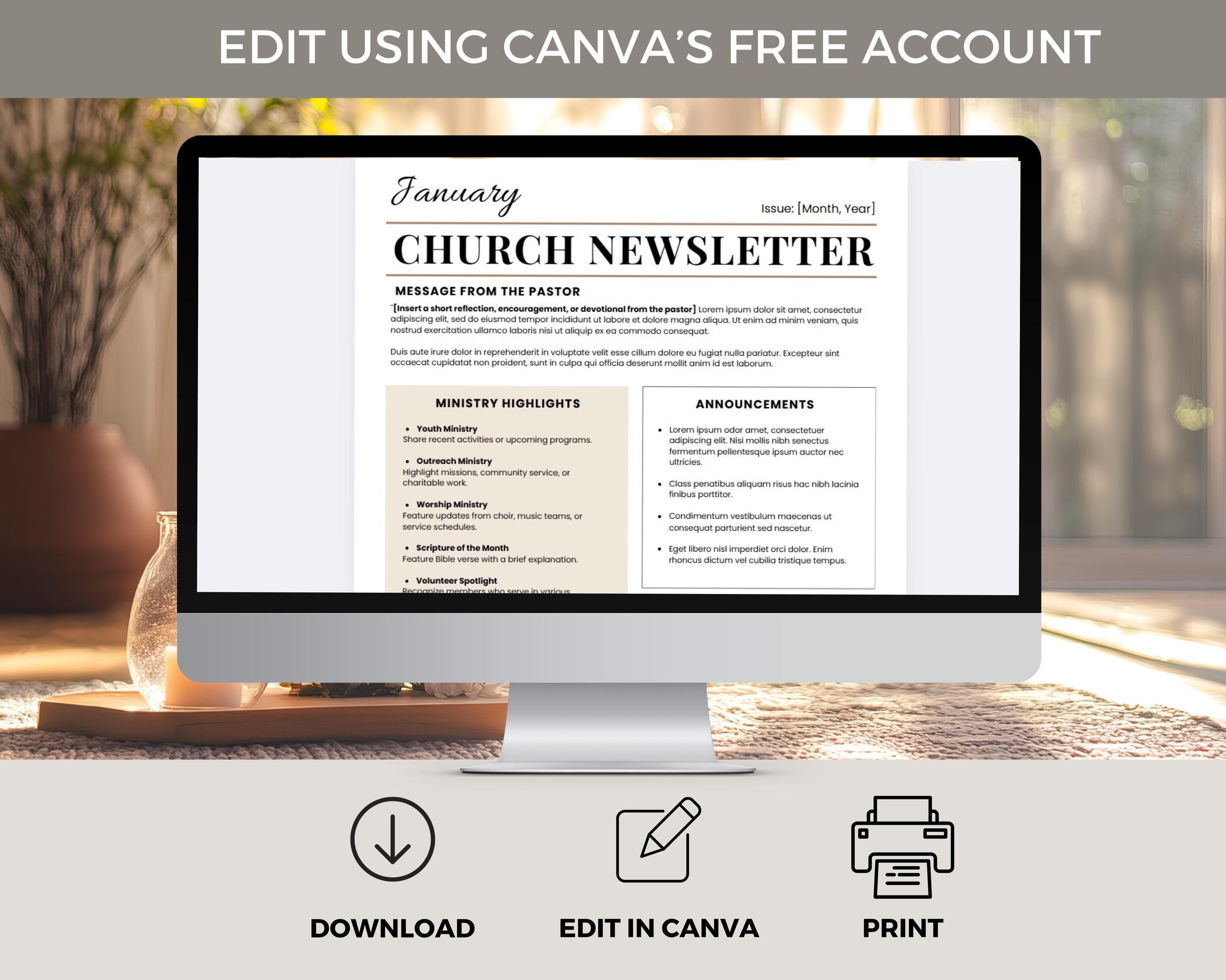 Editable Church Newsletter Template, Minimalist Monthly Church Bulletin ...