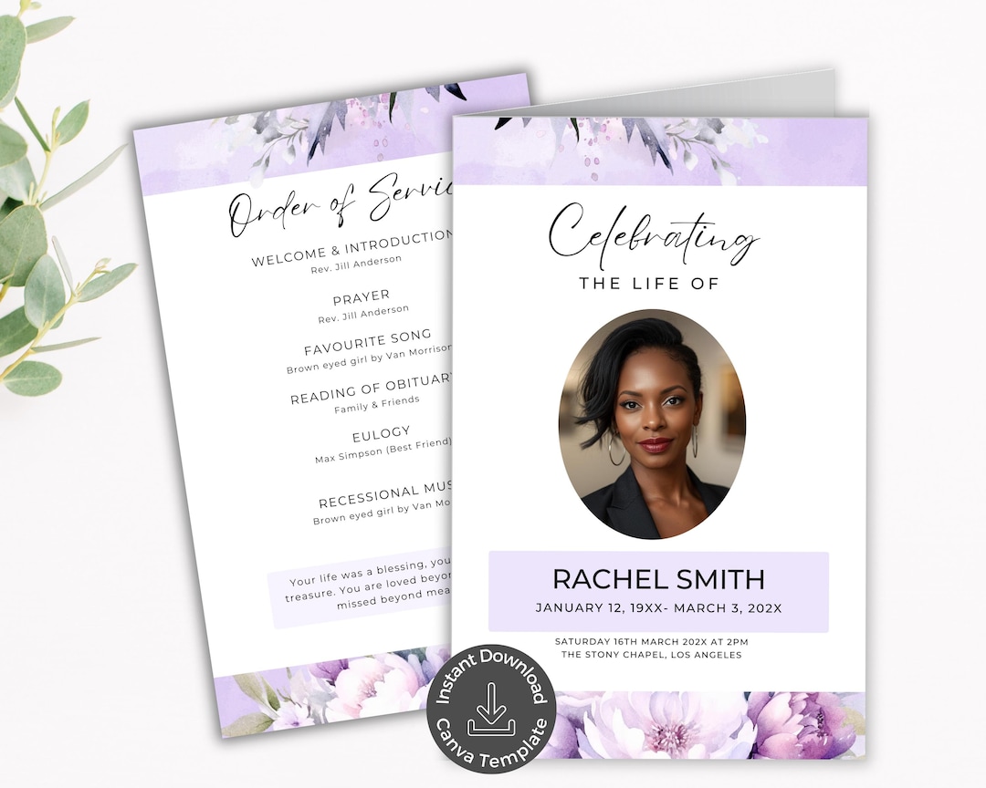 Purple Obituary Program, Female Funeral Service, Memorial Service ...