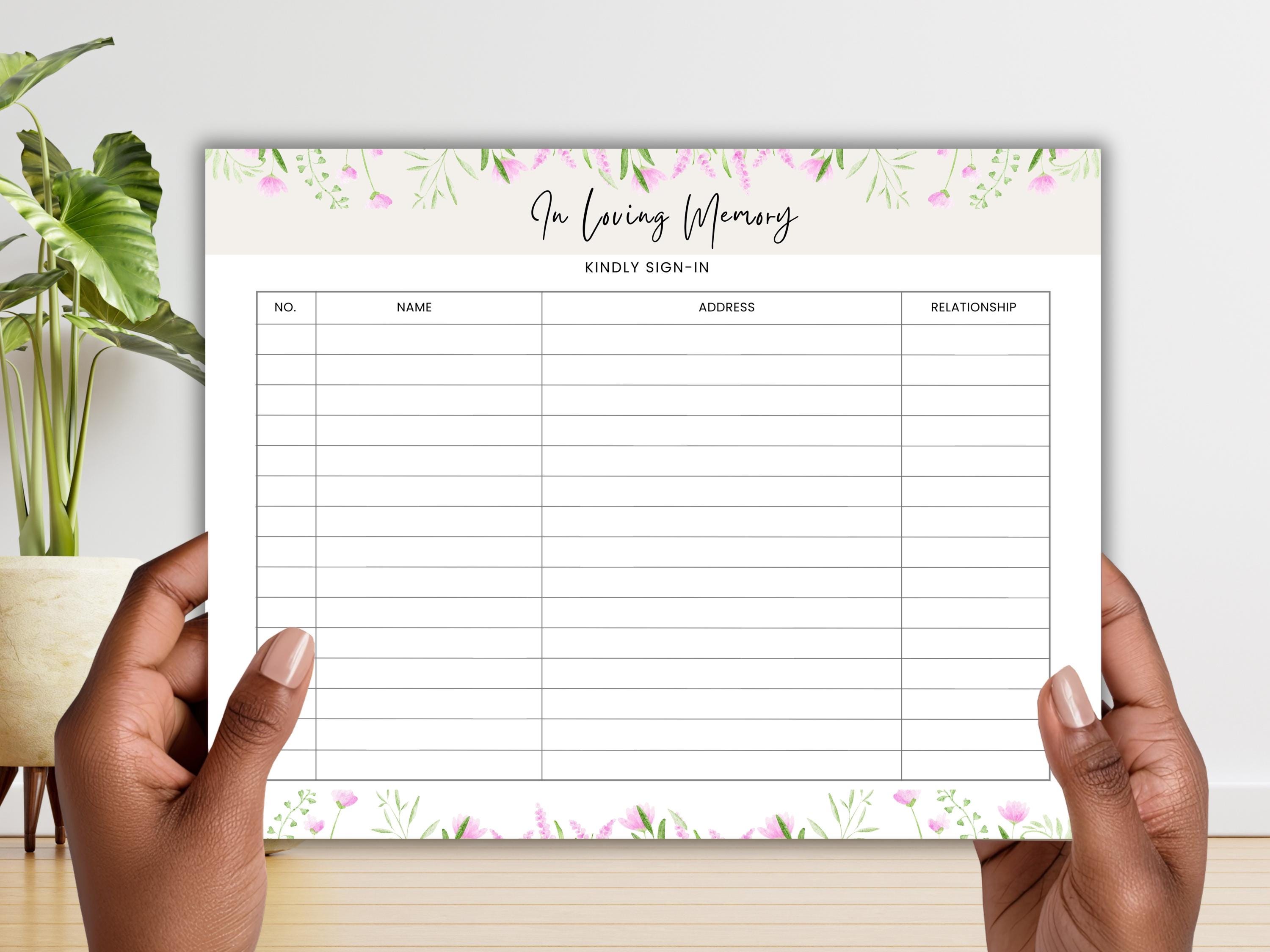 Funeral Guest Book Sign in Sheet, Printable Guest List for Celebration ...