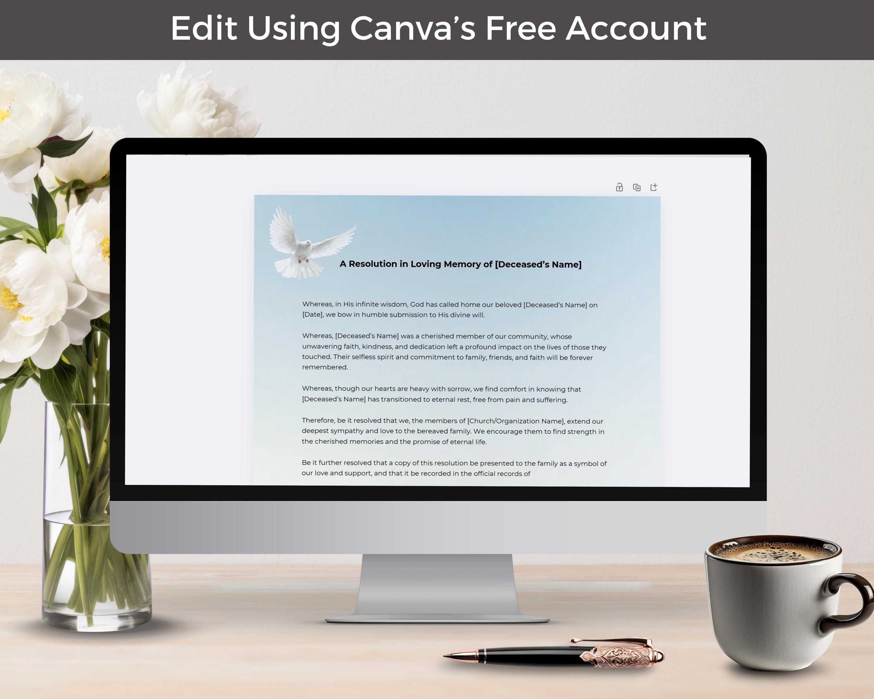 Funeral Resolution for a Pastor, Editable Canva Template, Memorial ...