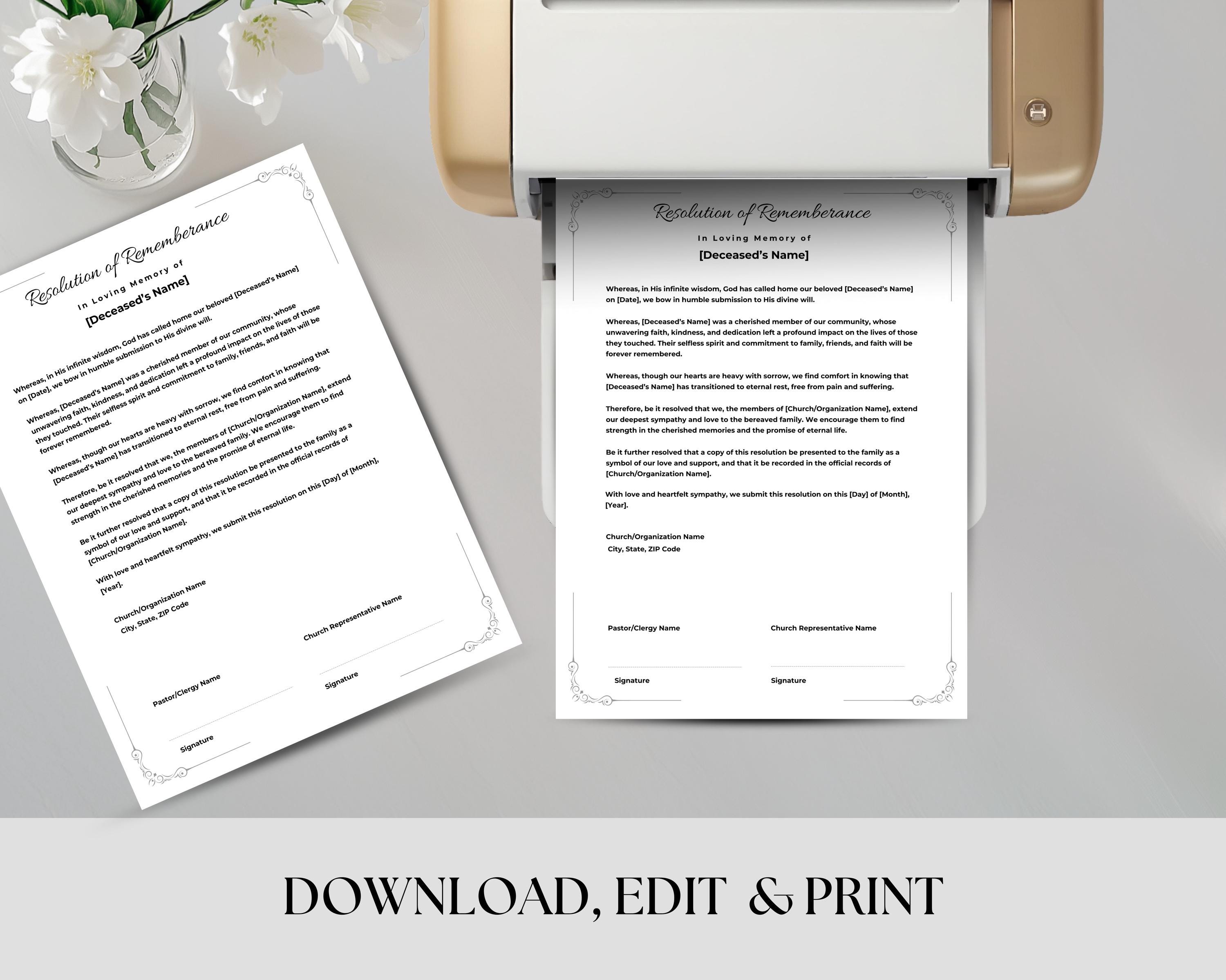 Funeral Resolution Letter, Church Memorial Service Support, Minimalist ...