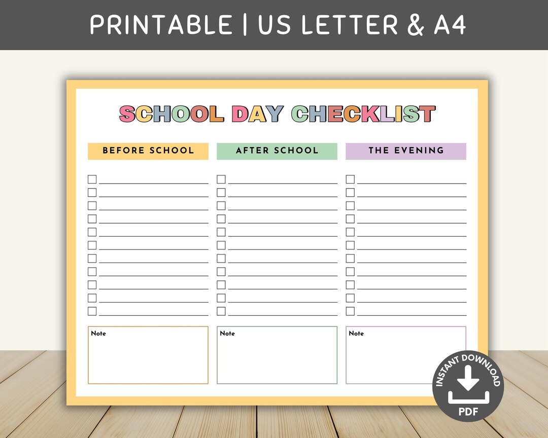 School Day Checklist Printable, Kids Daily Routine Chart ...