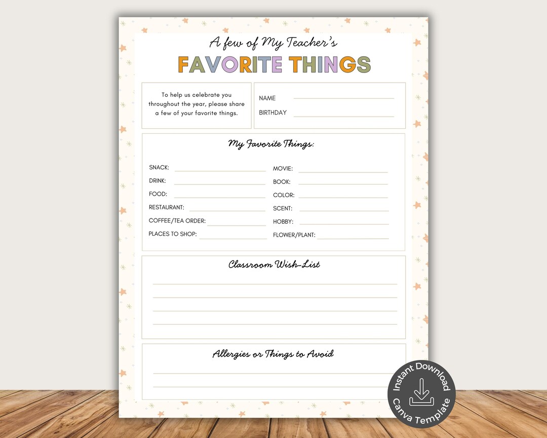 Teacher Favorite Things List, Editable Questionnaire for Teachers, Back ...