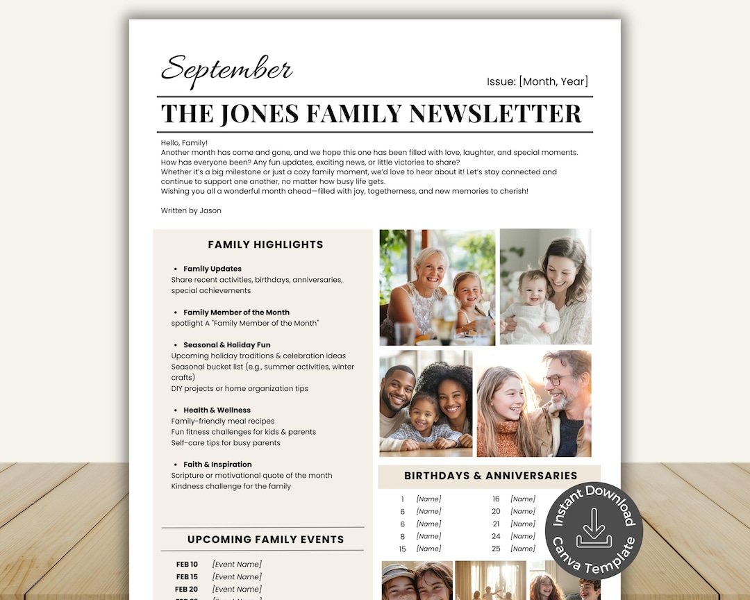 Monthly Family Newsletter With Photos, Family Photo Collage, One Page ...