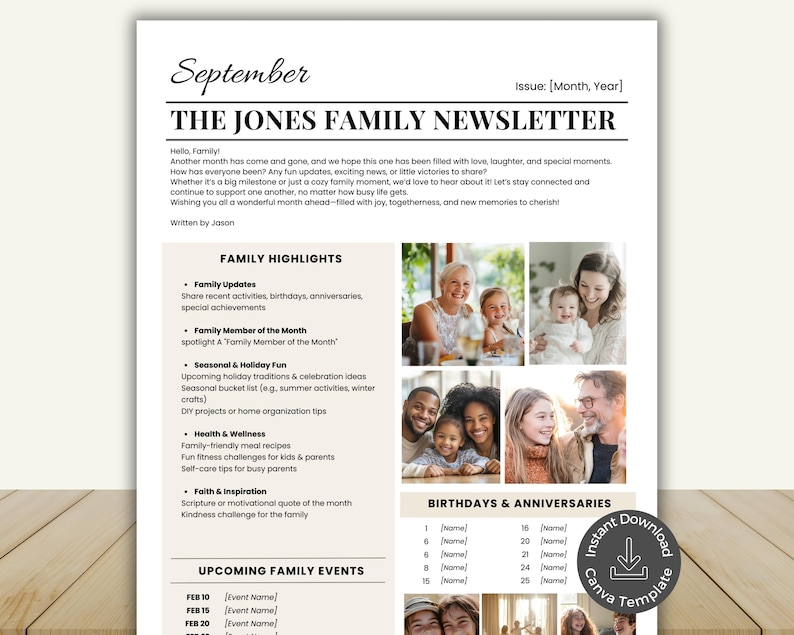 Monthly Family Newsletter With Photos, Family Photo Collage, One Page ...