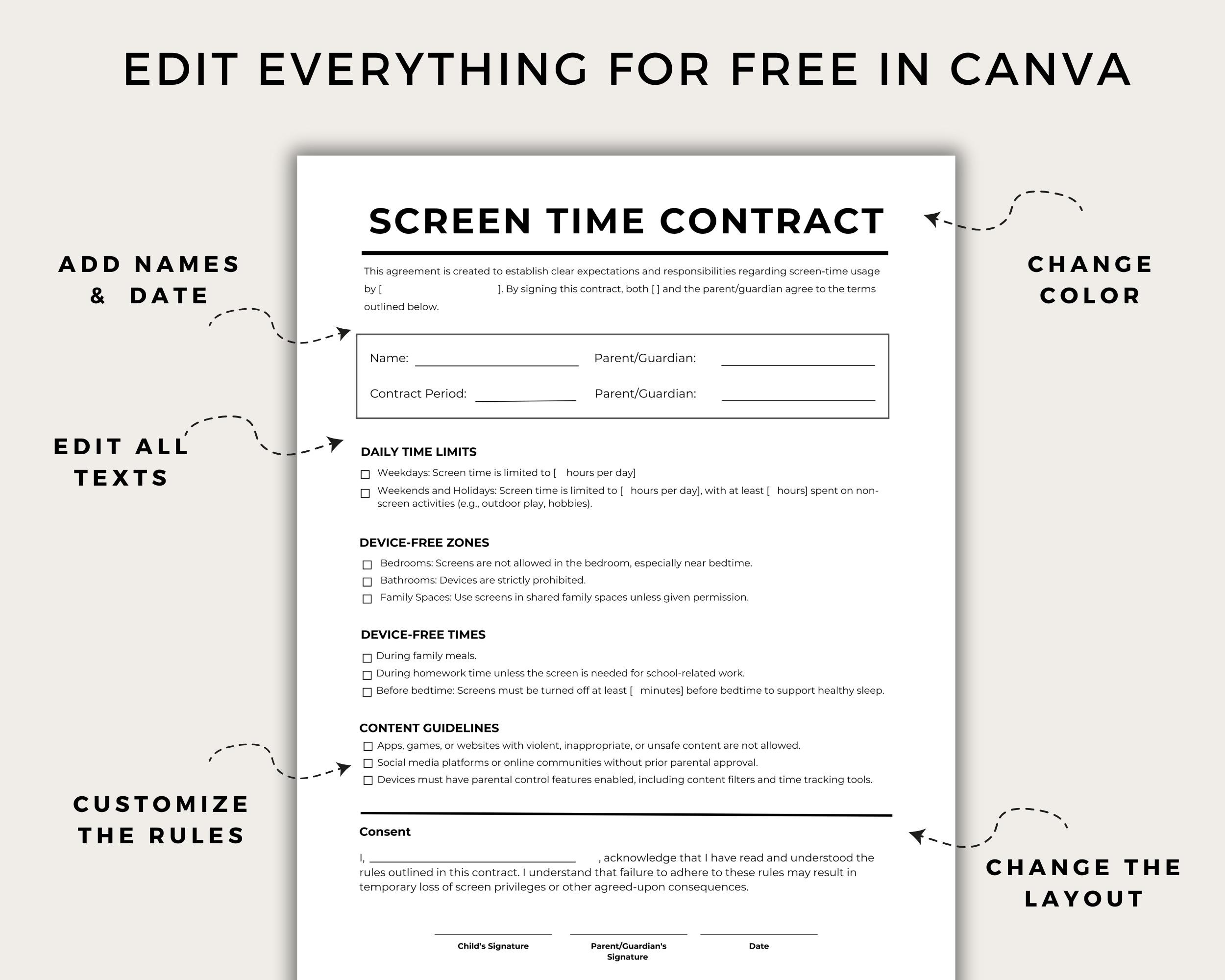 Editable Screen Time Contract, Kids Technology Rules, Family ...