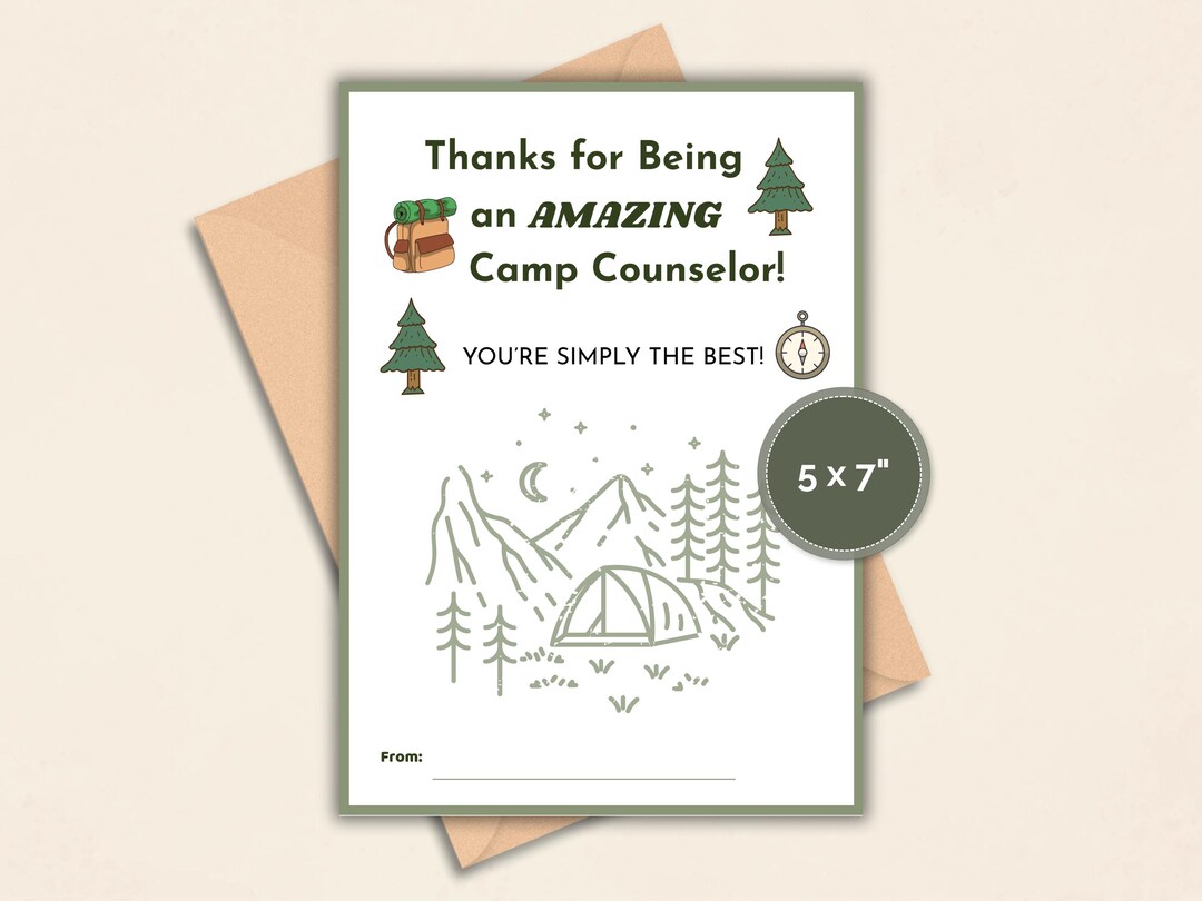 Camp Counselor Thank You Card, Printable Gift Card Holder, Thank You to ...