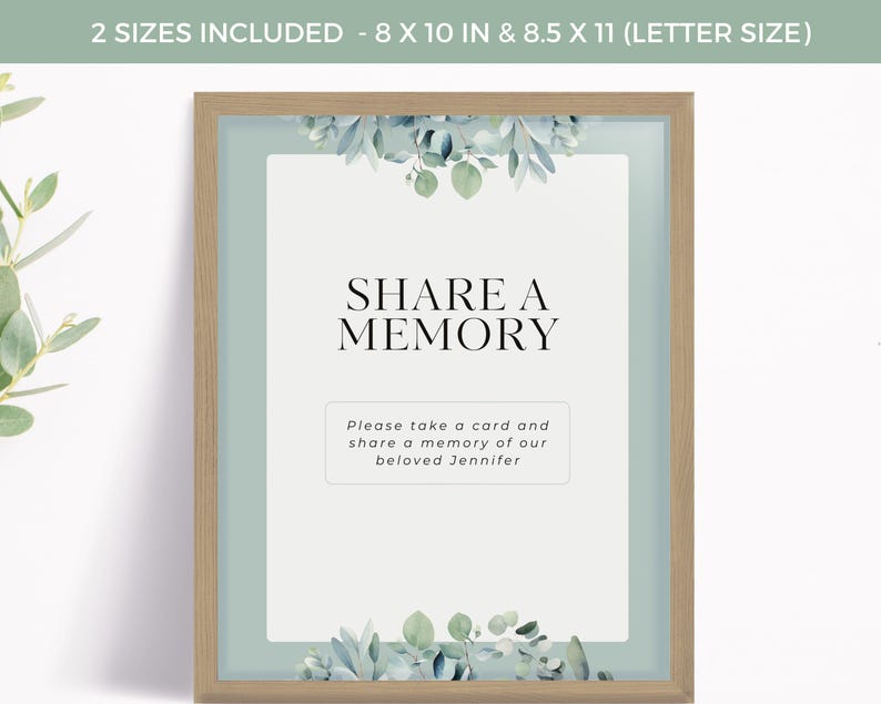 Share a Memory Funeral Sign and Cards, Greenery Customizable Memorial ...
