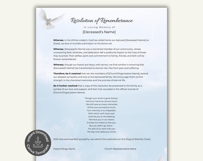 Funeral Resolution Letter, Memorial Resolution, in Loving Memory ...