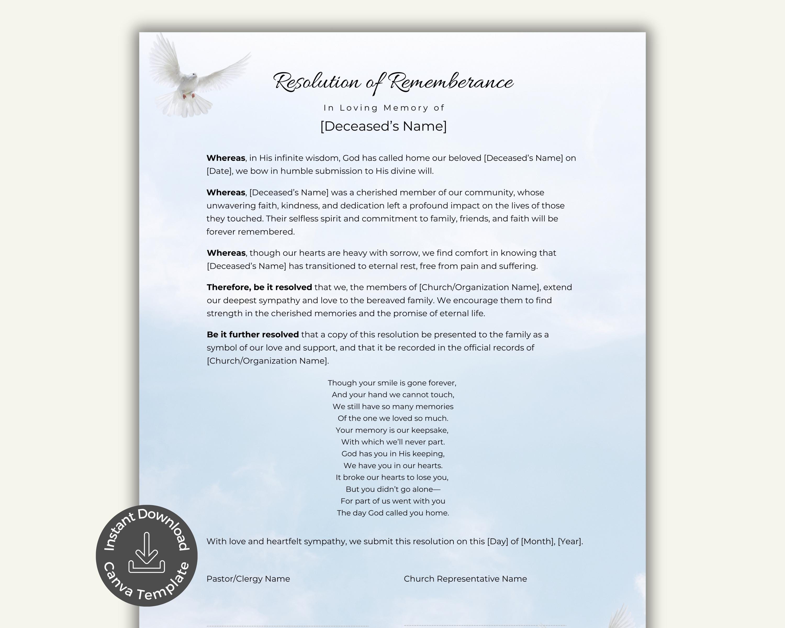 Funeral Resolution Letter, Editable Canva Template, Funeral Poem ...
