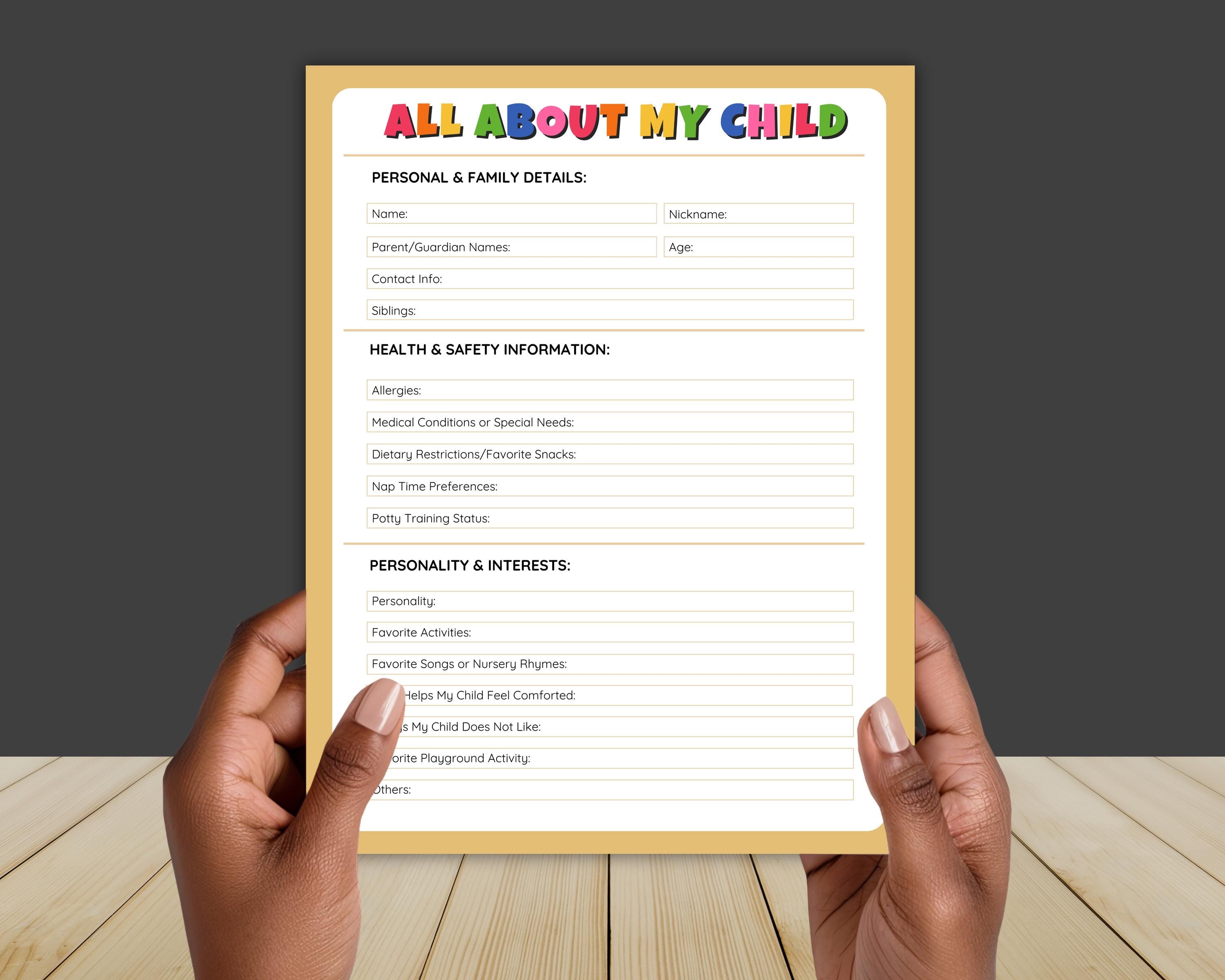 All About My Child Daycare Sheet, Printable Childcare Form, Child Info ...