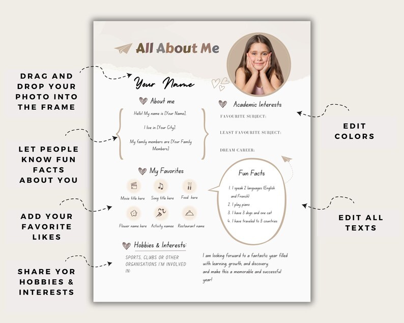 All About Me Editable Canva Template, First Day of School, Get to Know ...