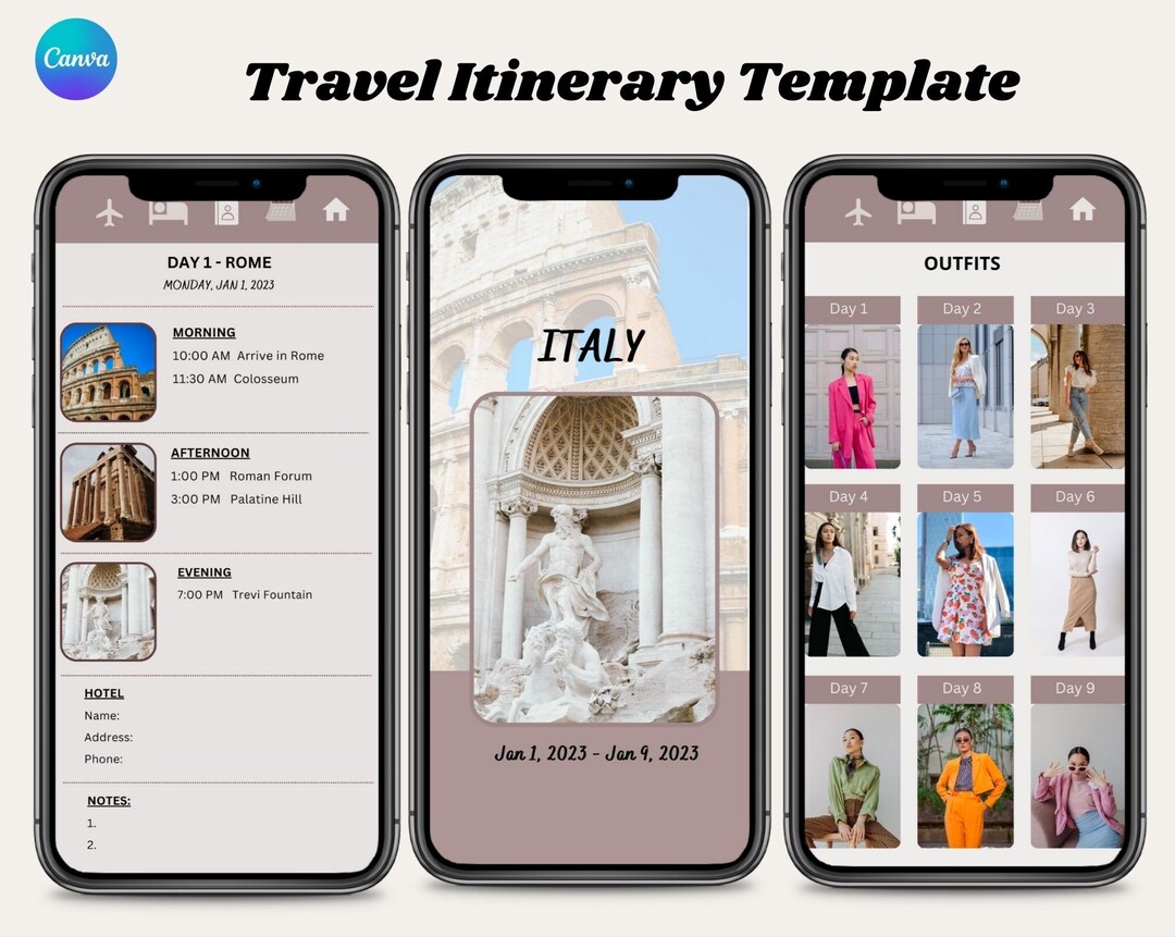 Mobile Travel Itinerary Editable Travel Planner Canva Template, Minimal ...