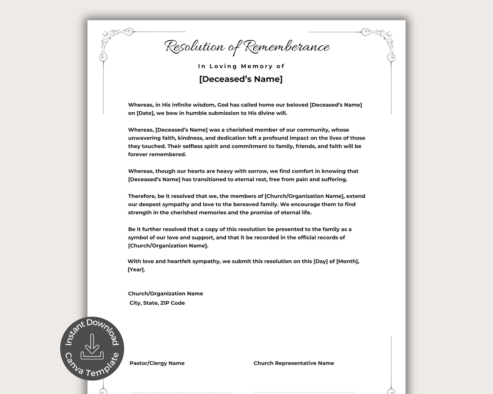 Funeral Resolution Letter, Church Memorial Service Support, Minimalist ...