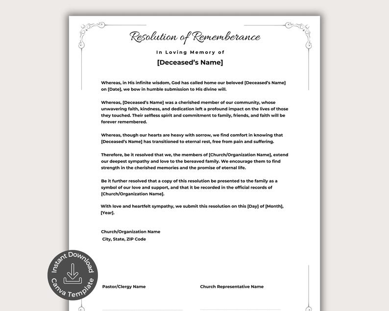 Funeral Resolution Letter, Church Memorial Service Support, Minimalist ...