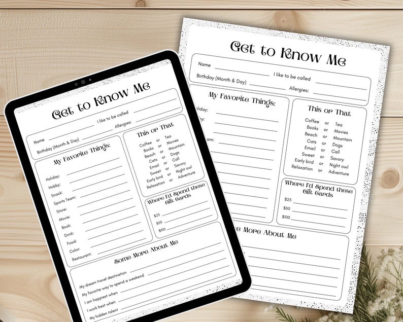 Team Building Get to Know Me Questionnaire, Staff Favorite Things List ...