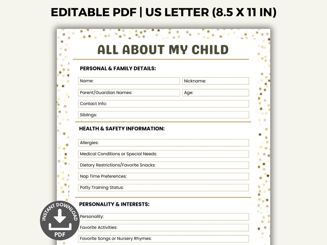 All About My Child Daycare Sheet, Printable Childcare Form, Child Info ...