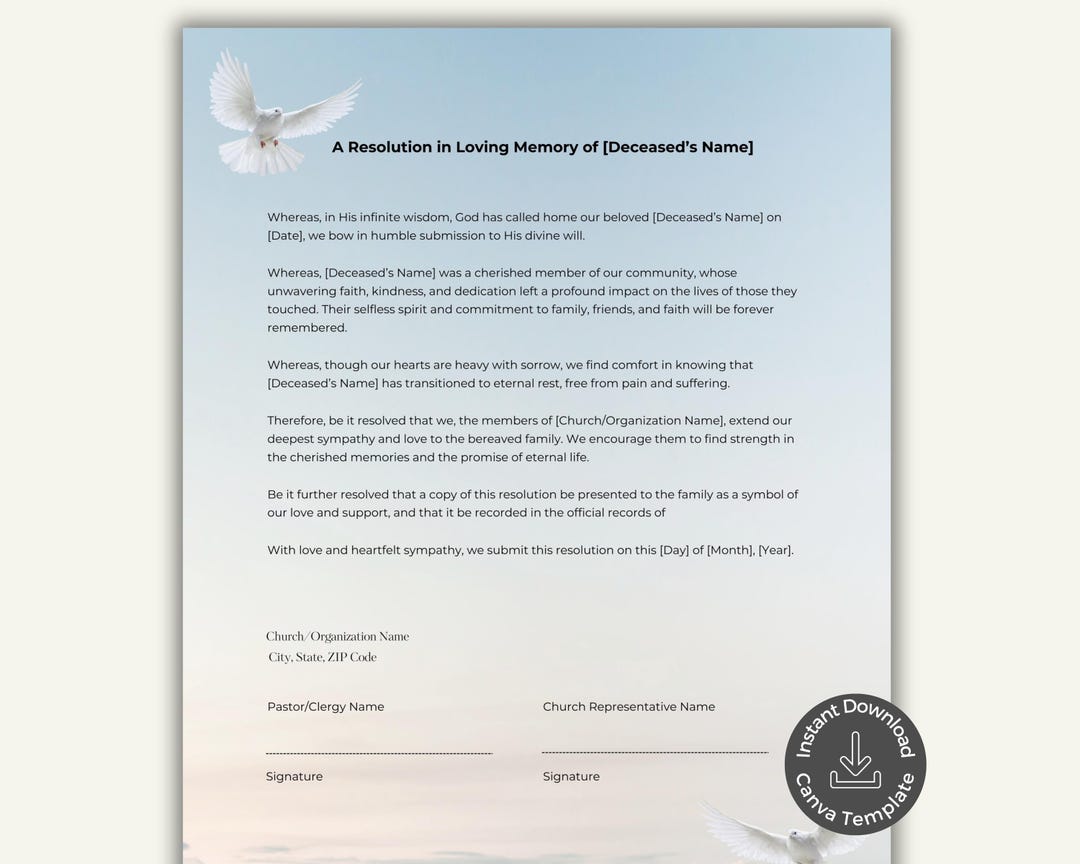 Funeral Resolution for a Pastor, Editable Canva Template, Memorial ...