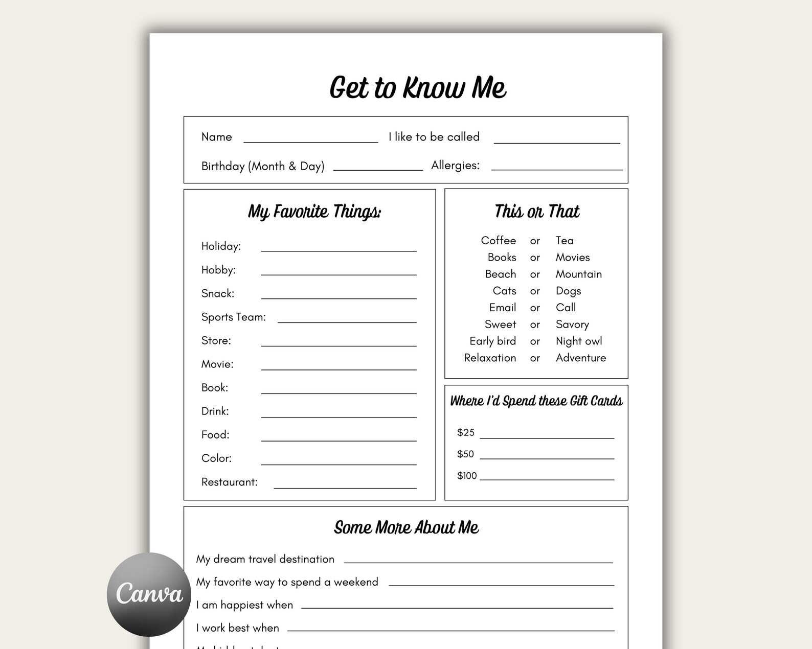 Team Building Get to Know Me Questionnaire, Staff Favorite Things List ...