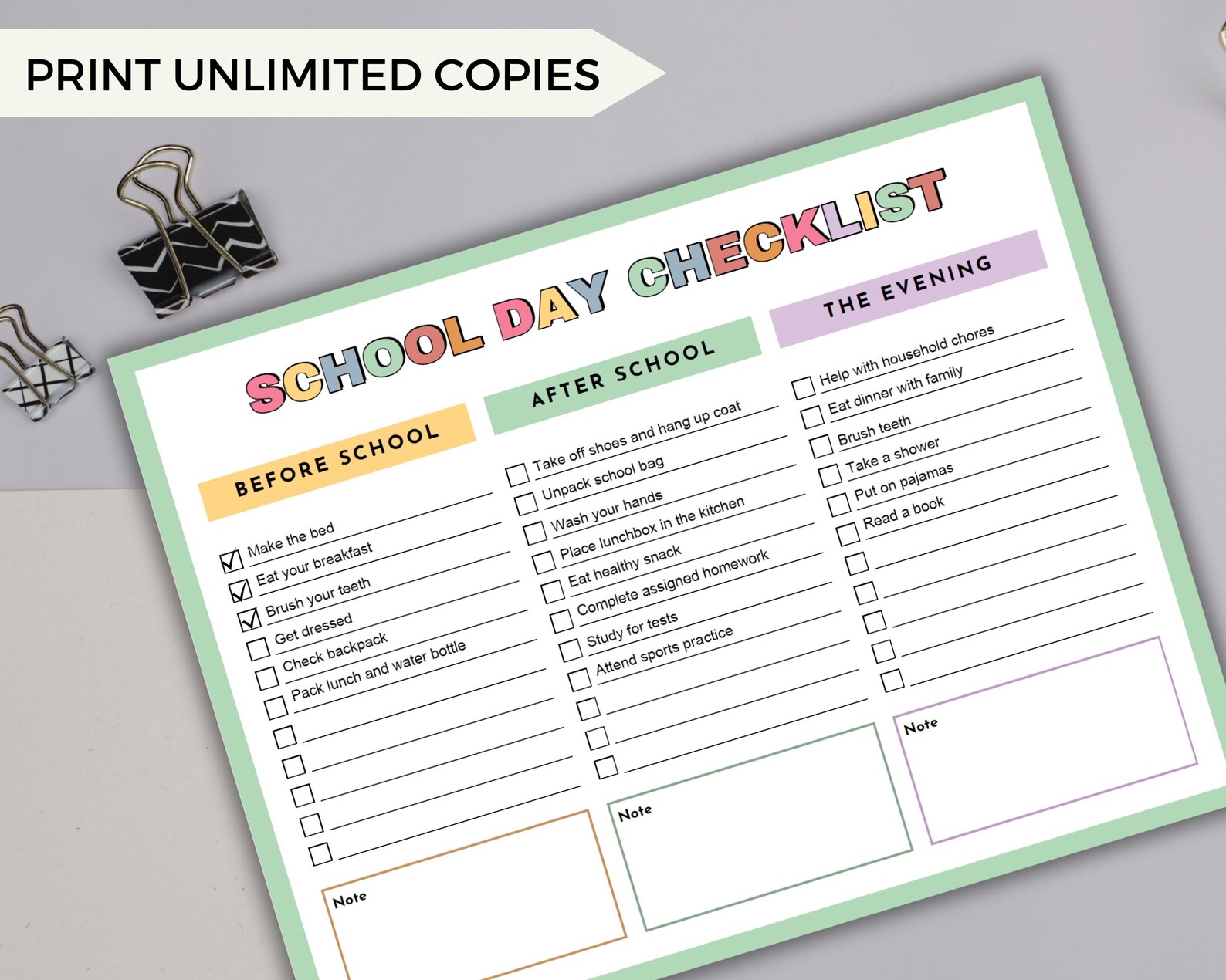 School Day Checklist Fillable PDF, Kids Daily Routine, Responsibility ...