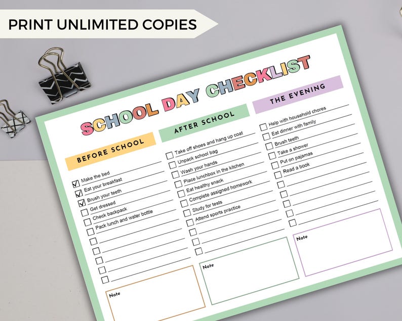School Day Checklist Fillable PDF, Kids Daily Routine, Responsibility ...