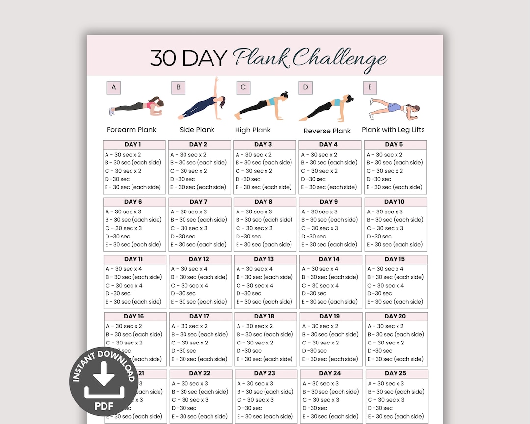 30 Day Plank Challenge Printable, Fitness Guide, Strong Core Workout ...