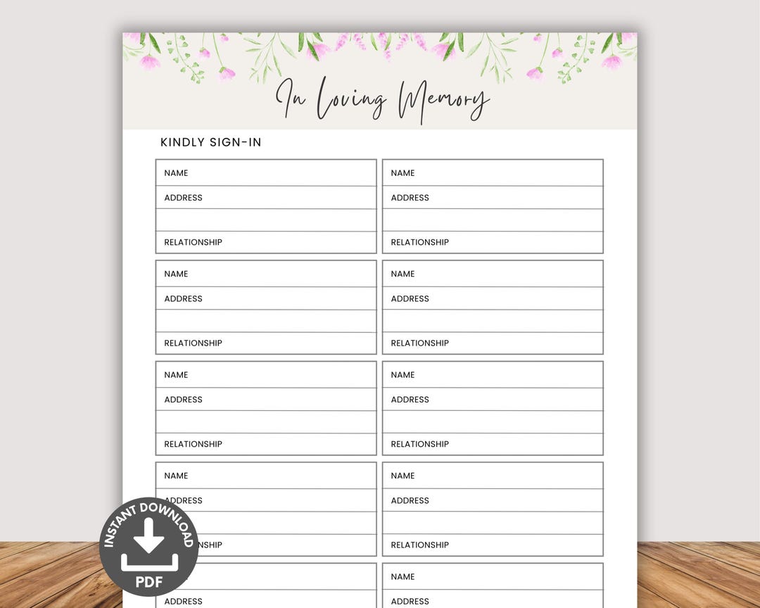 Funeral Guest Book Sign in Sheet, Printable Guest List for Celebration ...