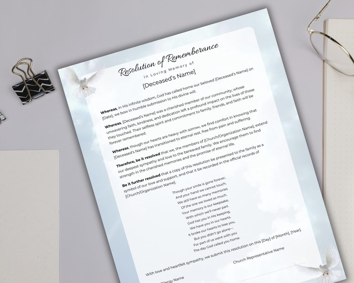Funeral Resolution Letter, Editable Canva Template, Funeral Poem ...
