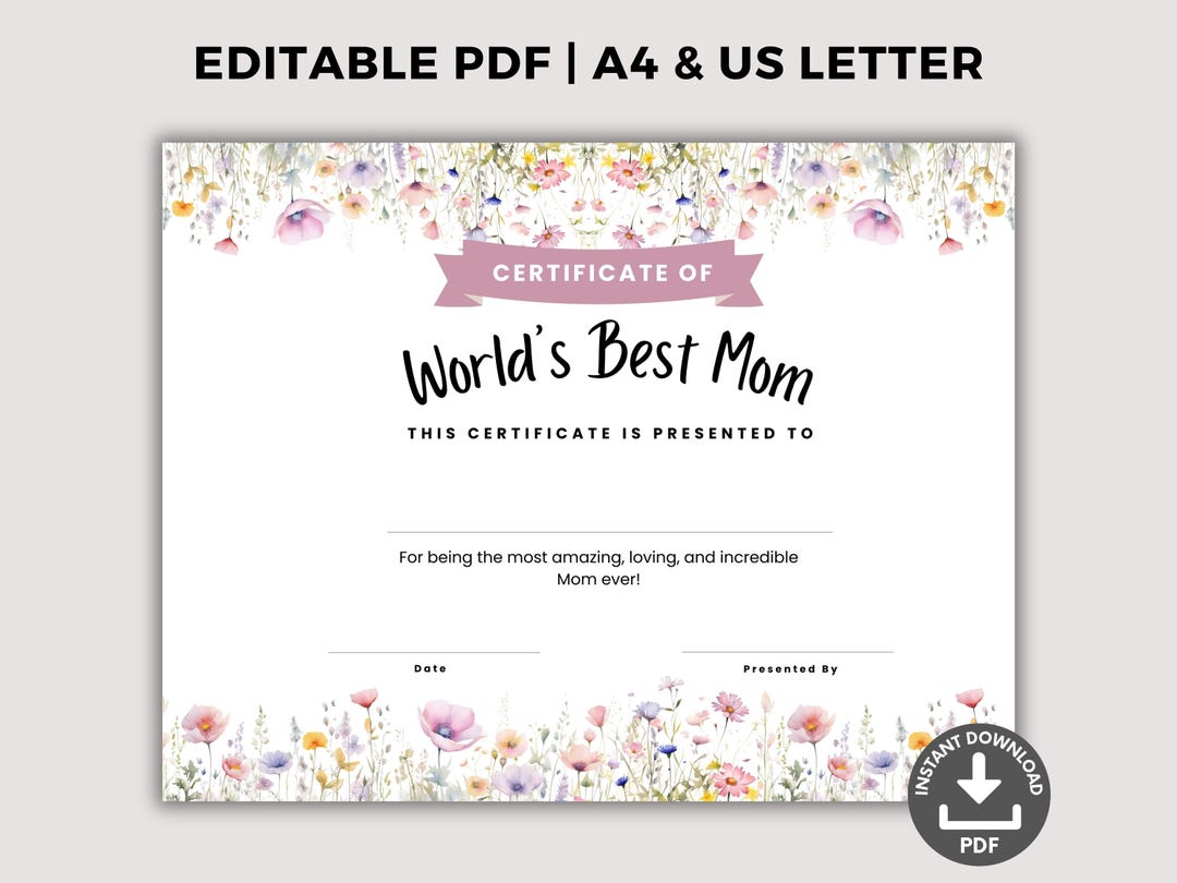World's Best Mom Certificate, Fillable PDF Template, Editable ...