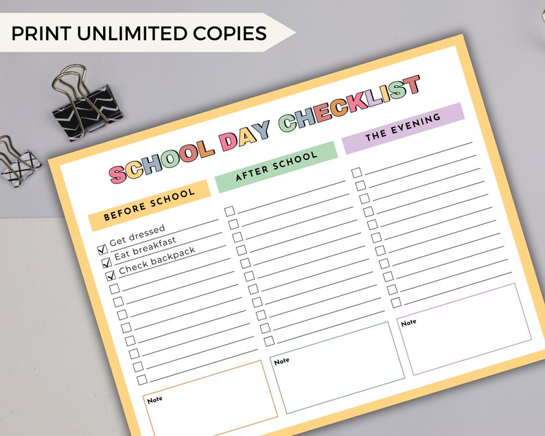 School Day Checklist Printable, Kids Daily Routine Chart ...