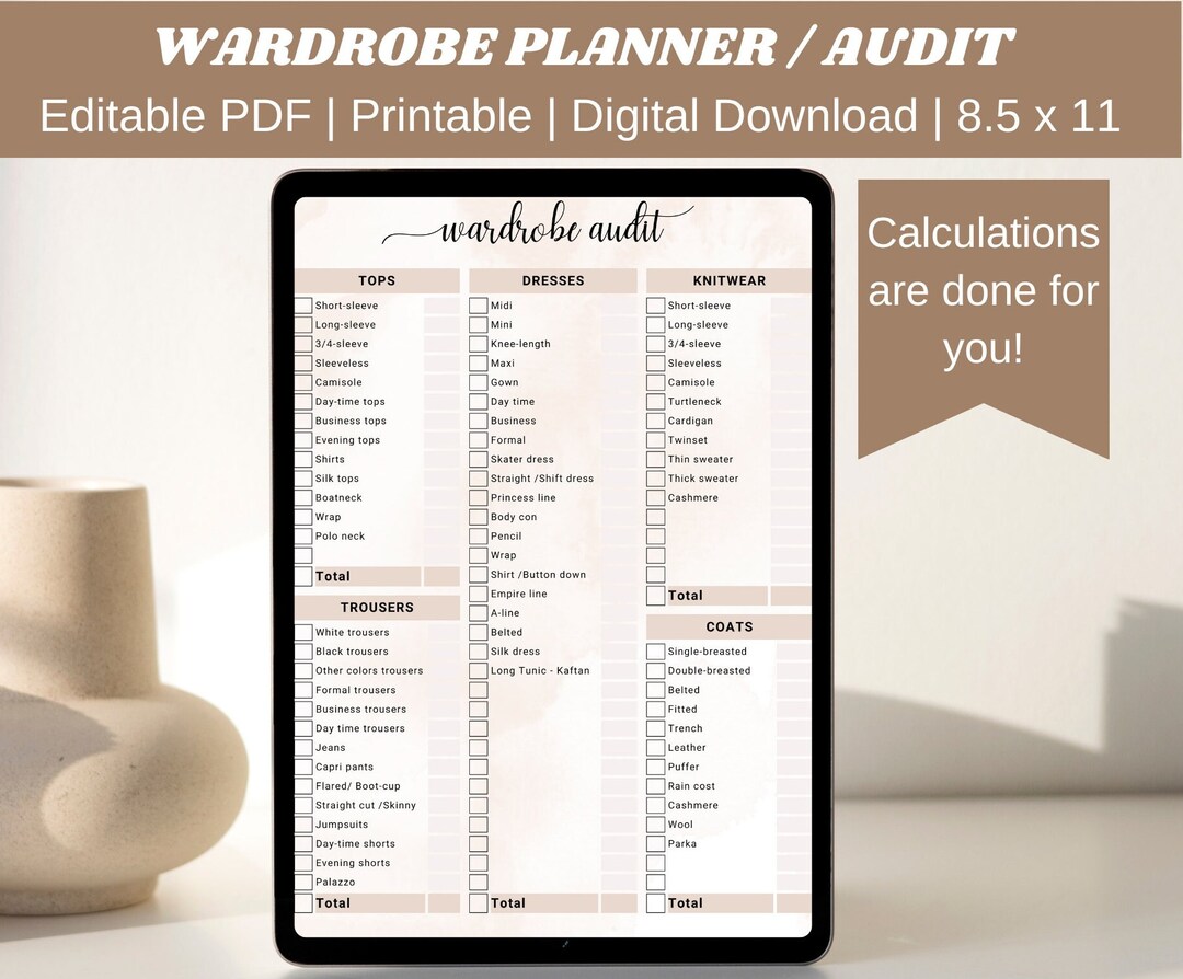 Wardrobe Planner Printable Closet Check List Minimalist Closet Audit ...