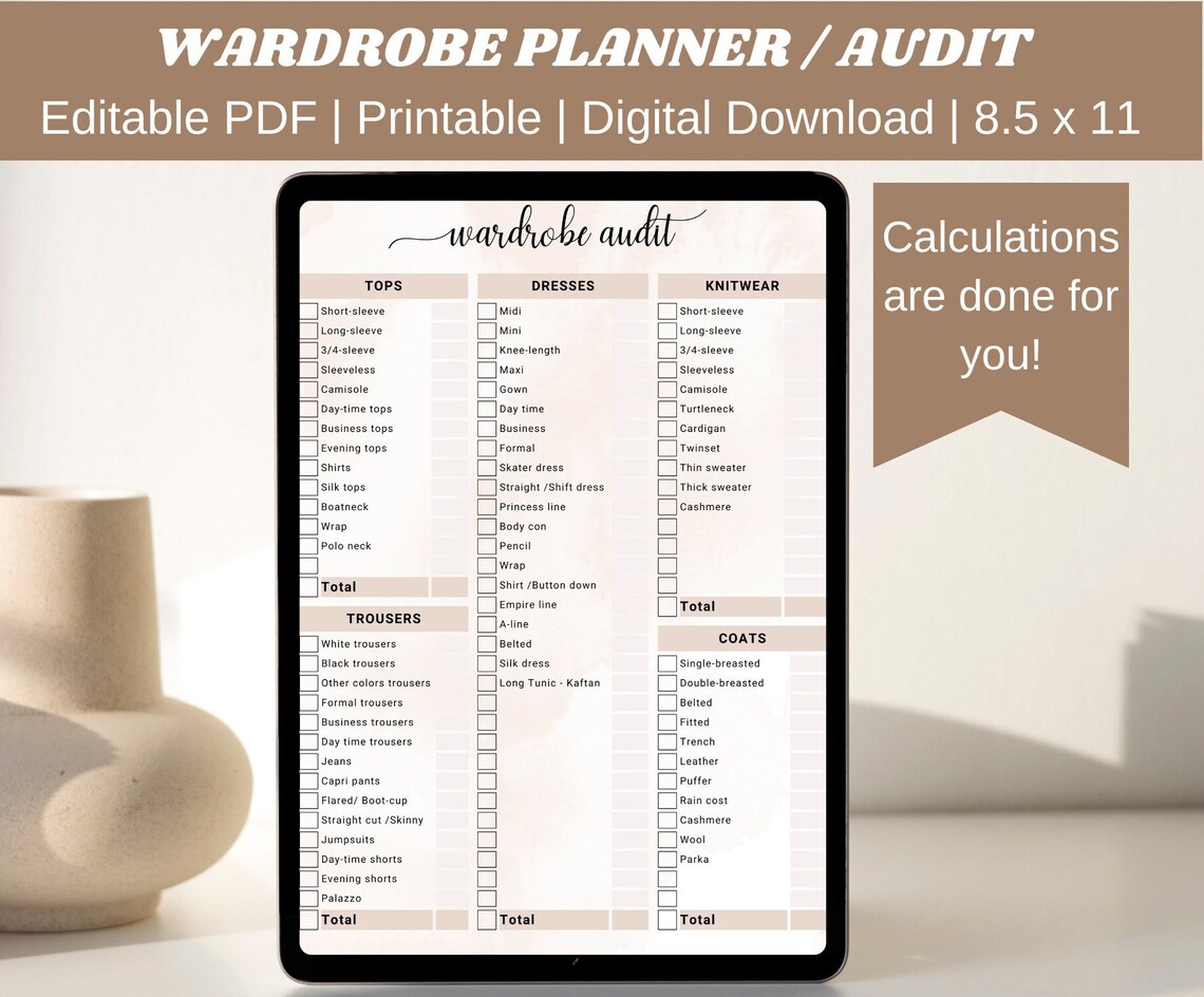 Wardrobe Planner Printable Closet Check List Minimalist Closet Audit ...