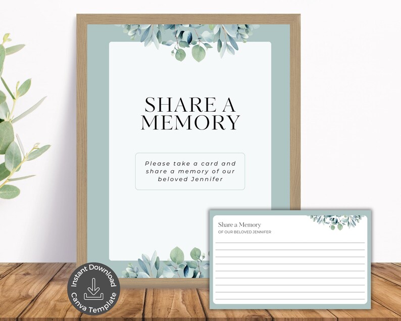 Share a Memory Funeral Sign and Cards, Greenery Customizable Memorial ...