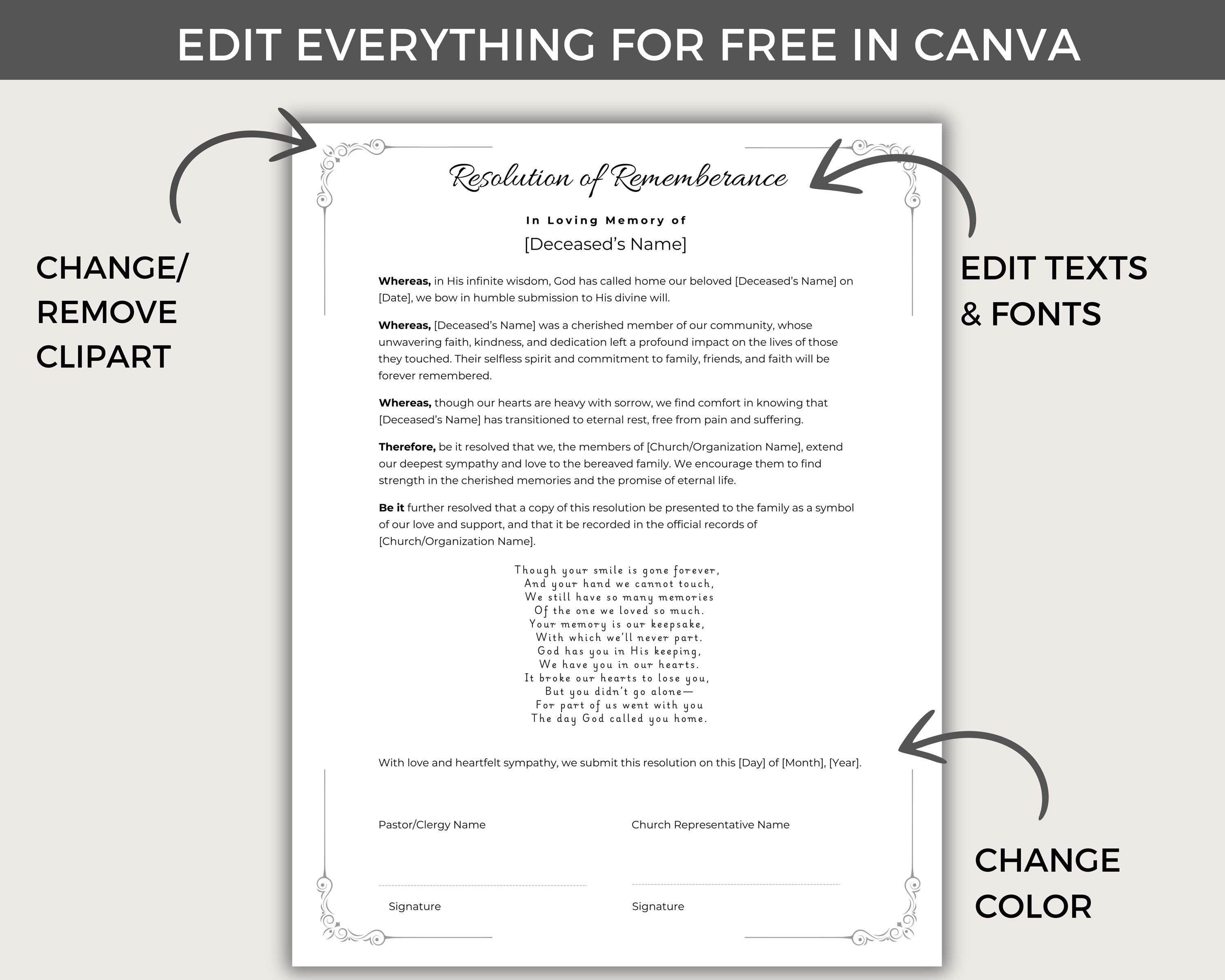 Funeral Resolution Letter, Church Memorial Service Support, Minimalist ...