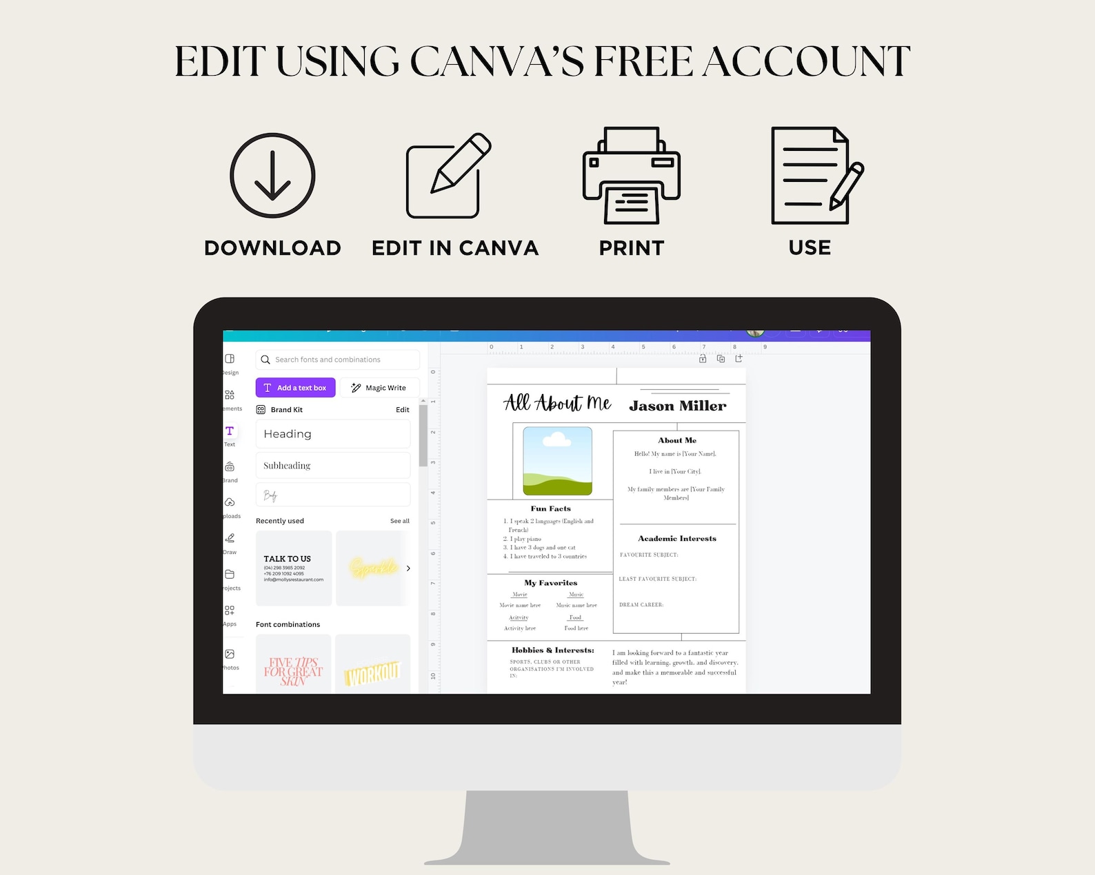 All About Me Editable Canva Template, First Day of School, Get to Know ...