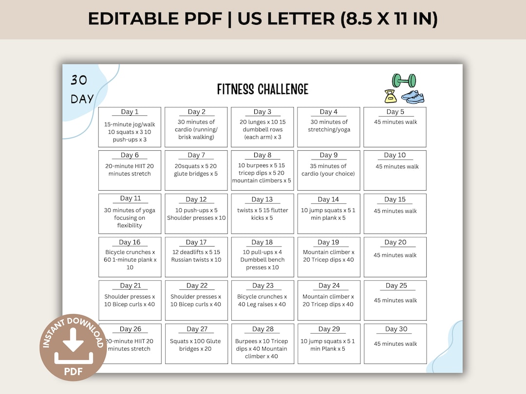 30 Day Fitness Challenge, Printable Home Workout Planner Editable PDF ...
