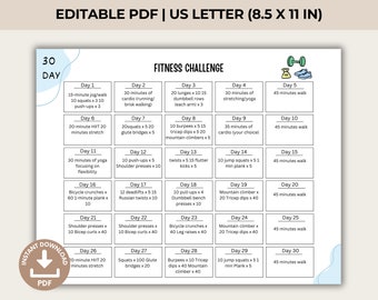 30 Day Fitness Challenge Printable, Home Workout Planner Editable PDF ...
