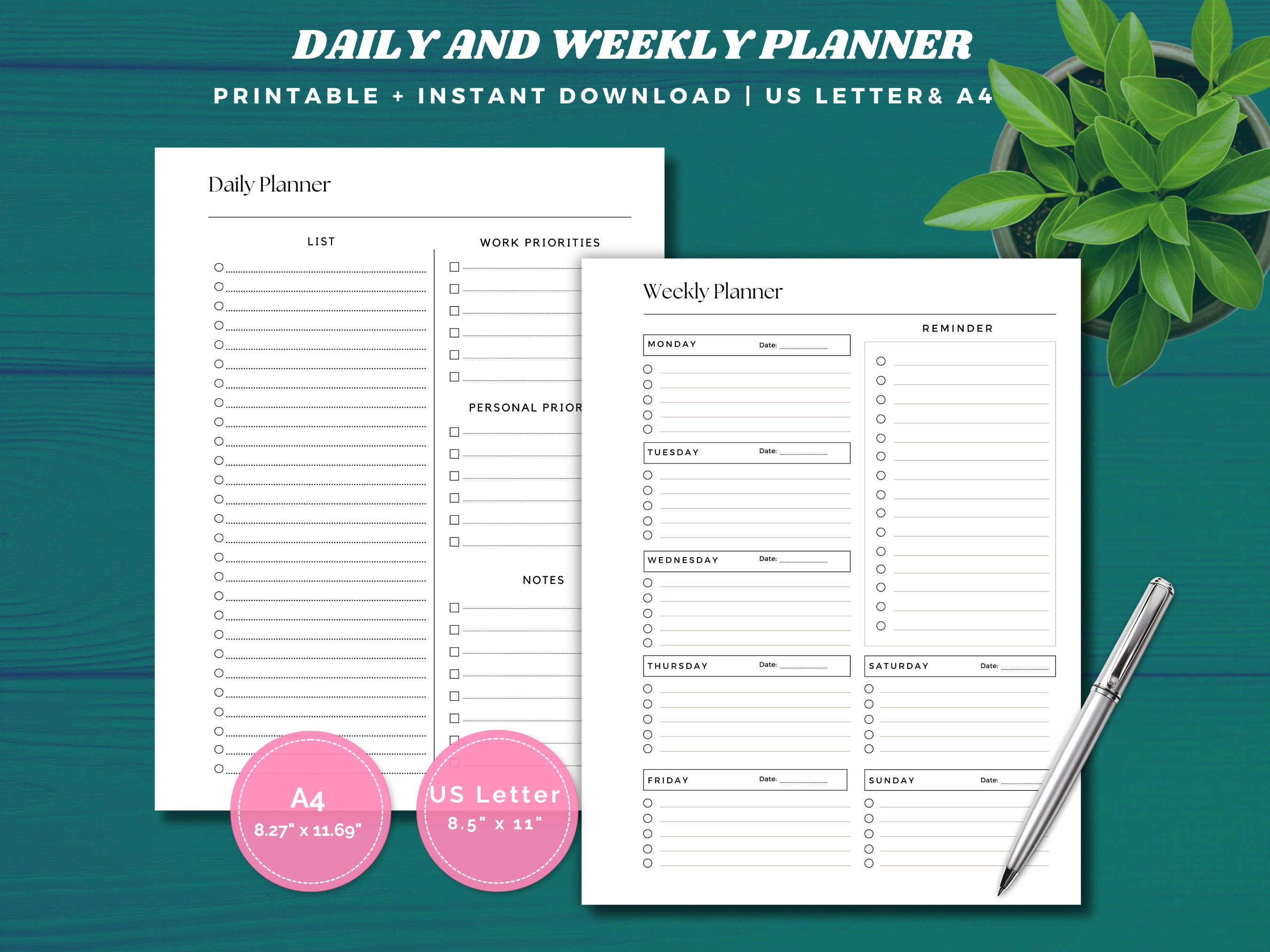 Daily and Weekly Planner Printable, Daily to Do List, Week at a Glance ...