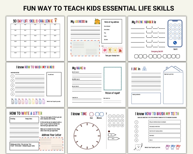 Life Skills for Kids Worksheets Printable Bundle, Phone Number ...
